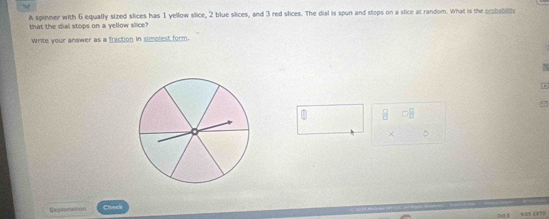 Solved: A spinner with 6 equally sized slices has 1 yellow slice, 2 ...