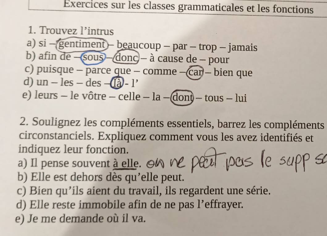 Résolu :Exercices sur les classes grammaticales et les fonctions 1 ...