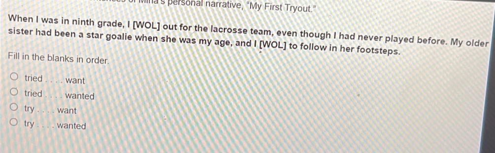 Mina's personal narrative, “My First Tryout.” When I was in ninth grade ...