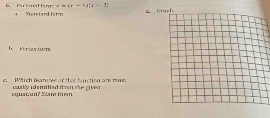 Solved: Factored form: y=(x+5)(x-3) a. Standard form d. Gr b. Vertex ...