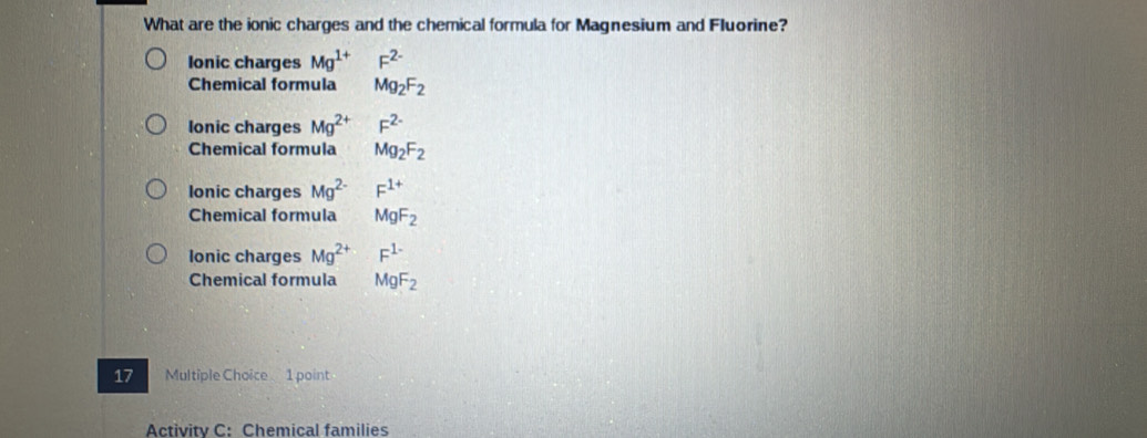 Solved: What are the ionic charges and the chemical formula for ...
