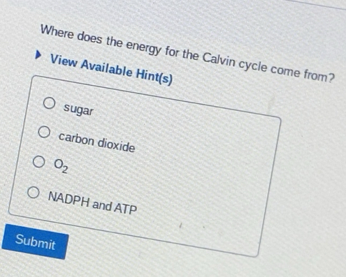 Solved: Where does the energy for the Calvin cycle come from? View Available Hint(s) sugar carb ...