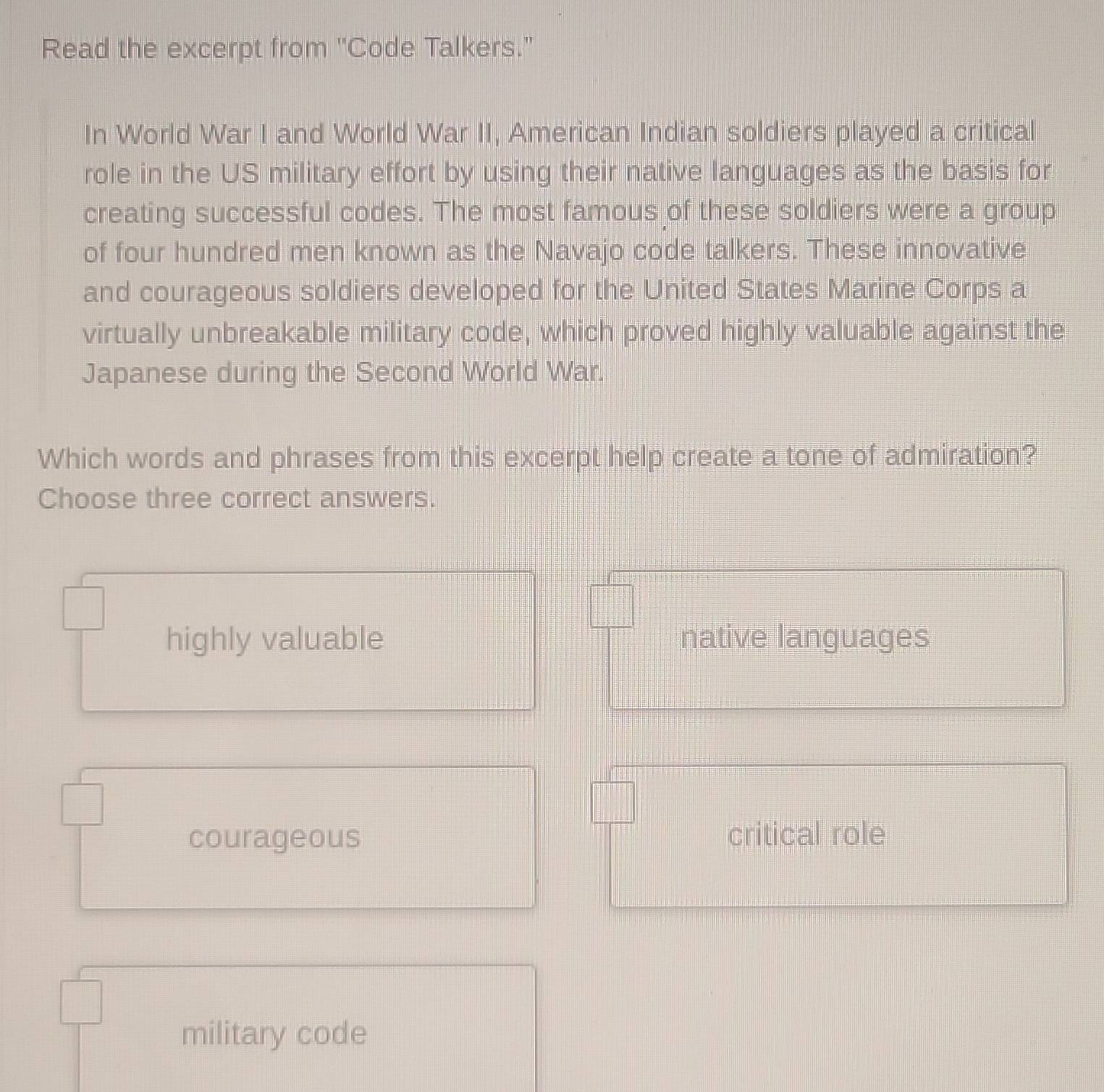 Solved: Read the excerpt from "Code Talkers." In World War I and World ...