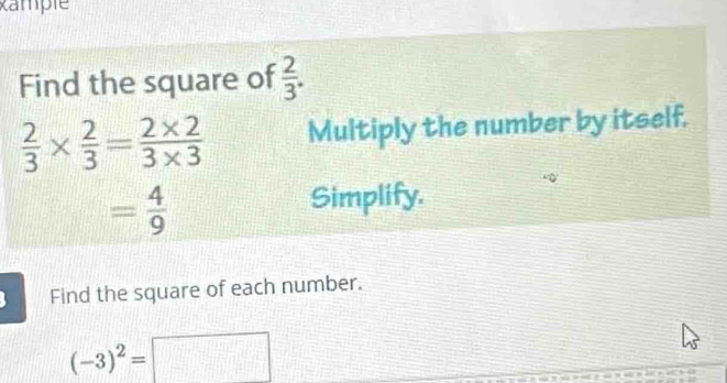 Solved: xample Find the square of 2/3 . 2/3 * 2/3 = (2* 2)/3* 3 ...