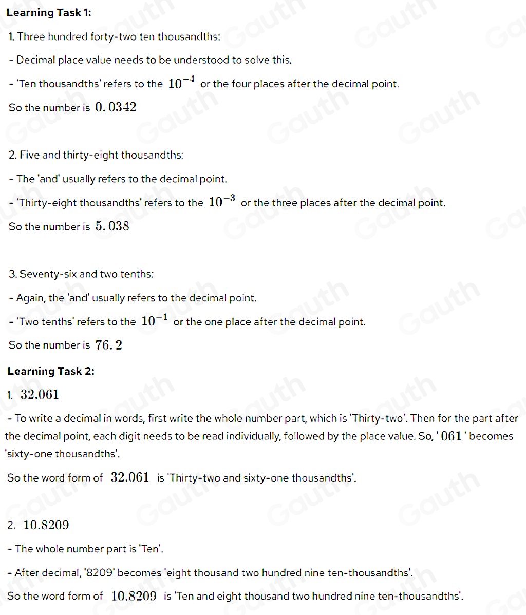 Solved: Learning Task 1: Write the decimal form of each item below. Do this in your notebook. 1 ...