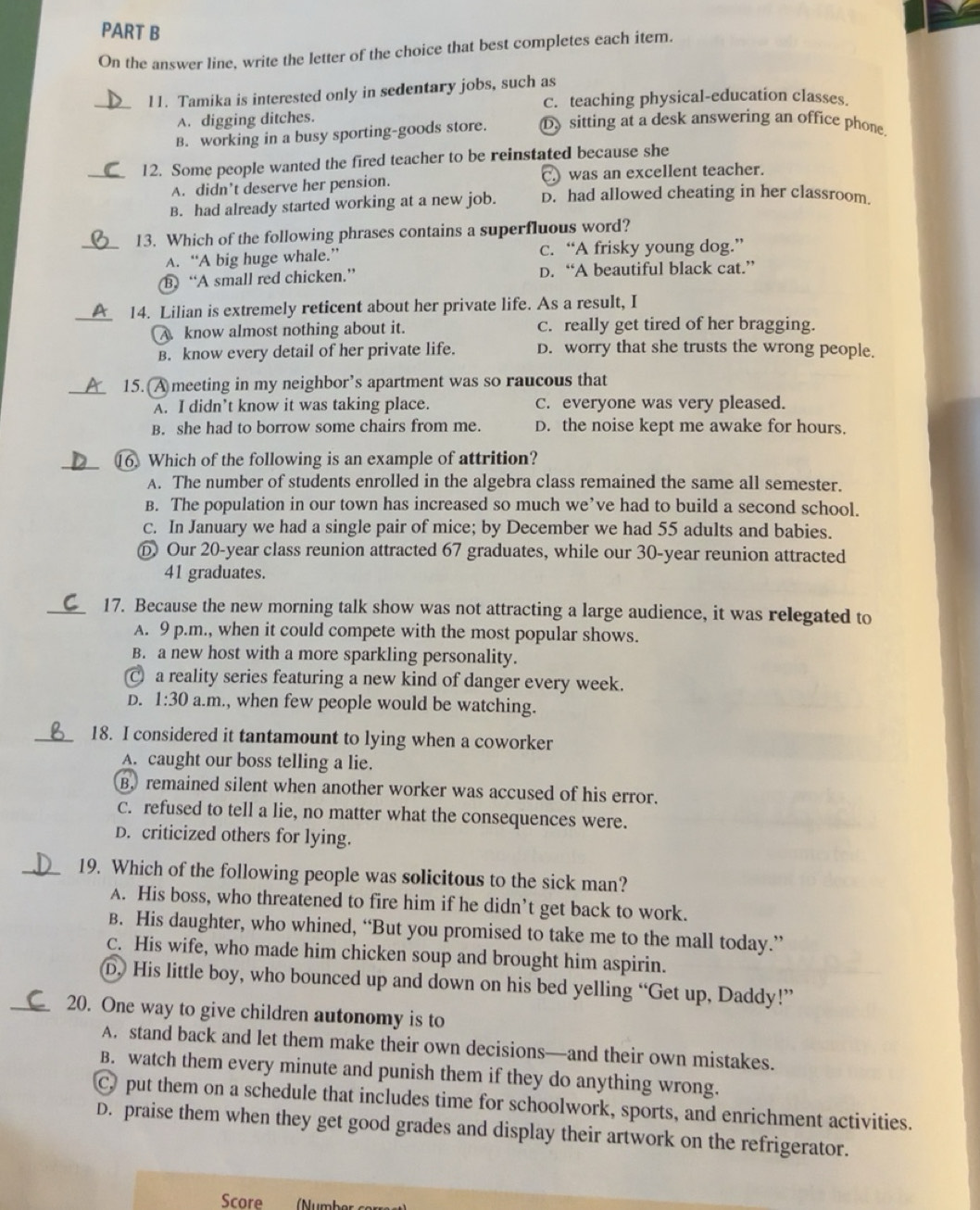 Solved: On the answer line, write the letter of the choice that best ...
