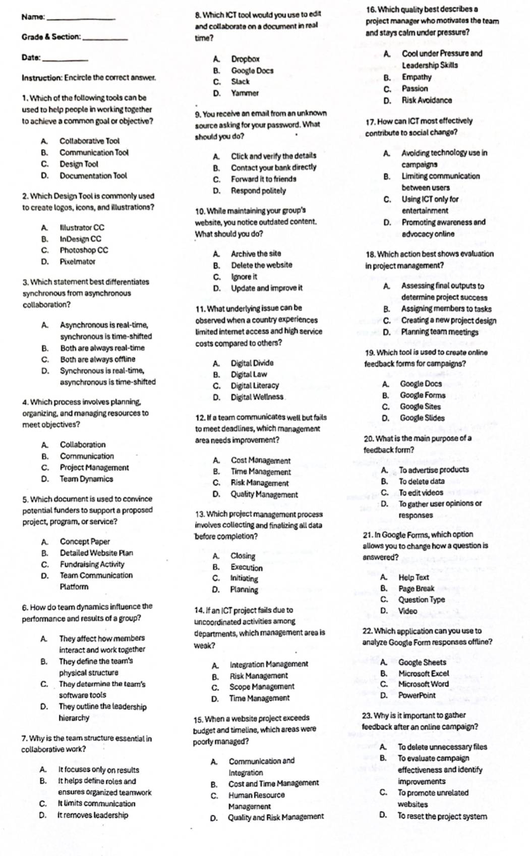 Solved: Name: _8. Which ICT tool would you use to edit 16. Which ...