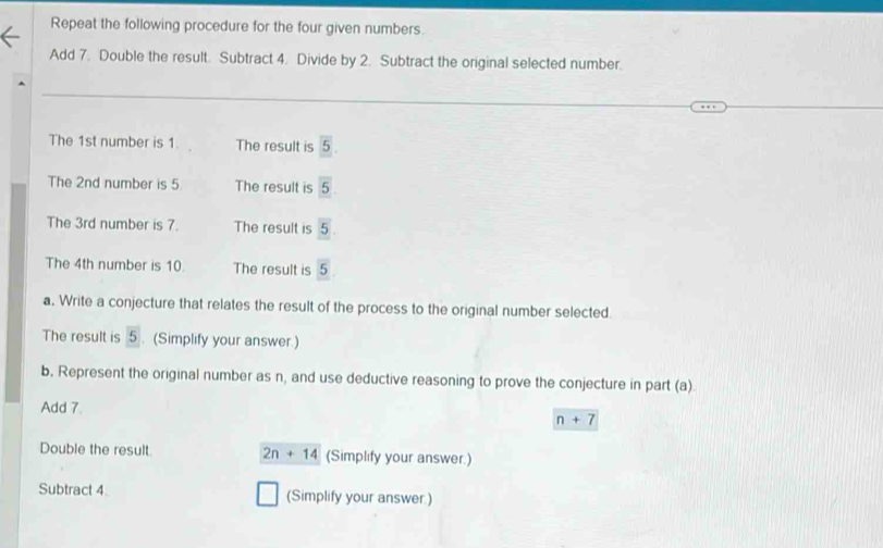 Solved: Repeat the following procedure for the four given numbers. Add 7. Double the result ...
