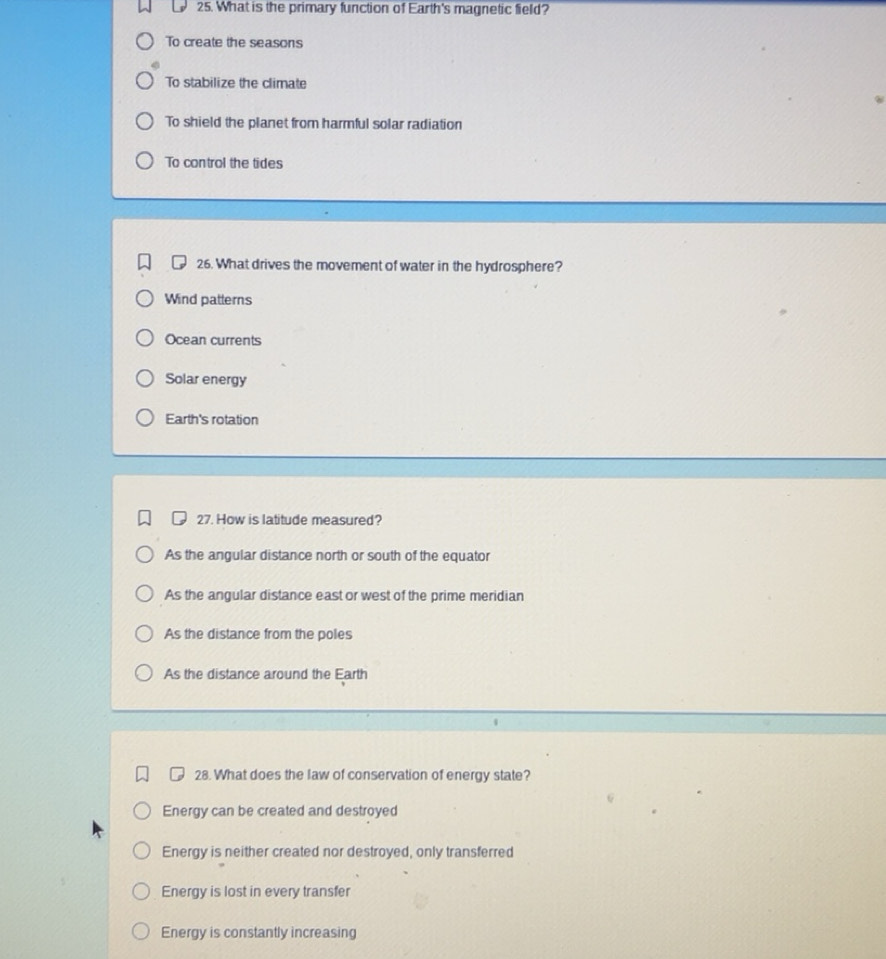 Solved: What is the primary function of Earth's magnetic field? To ...