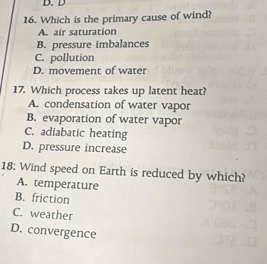 Solved: Which is the primary cause of wind? A. air saturation B ...