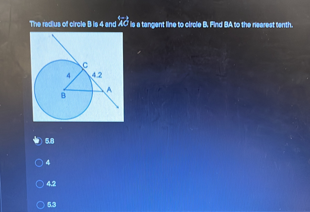 Solved: The radius of circle B is 4 and AO is a tangent line to circle ...