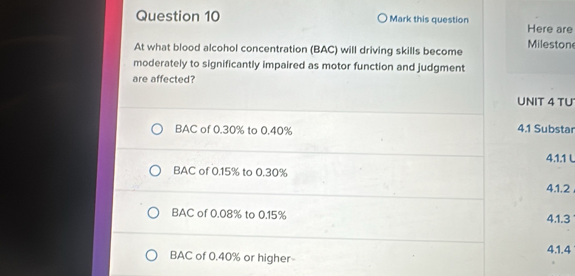 Solved: Mark this question Here are Milestone At what blood alcohol ...