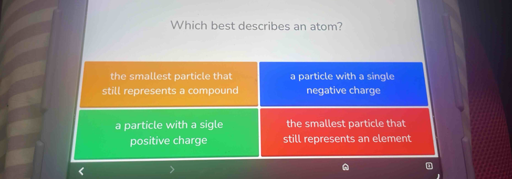 Solved: Which best describes an atom? the smallest particle that a ...