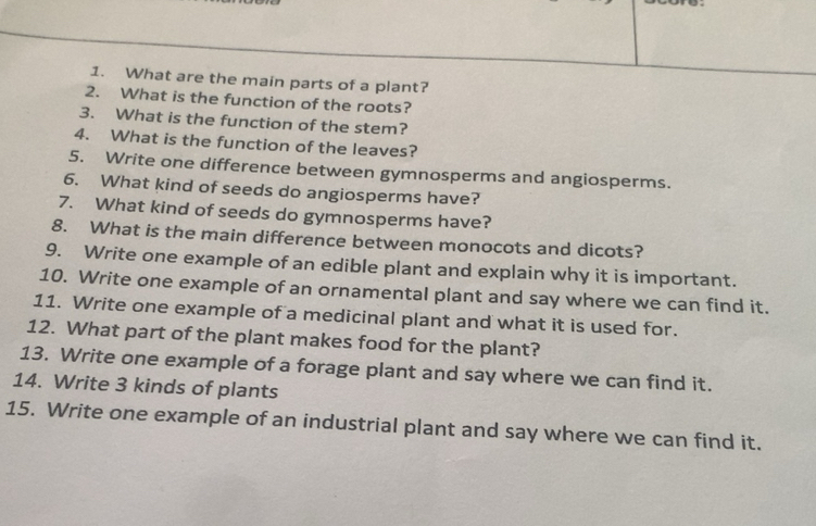 Resuelto:What are the main parts of a plant? 2. What is the function of ...