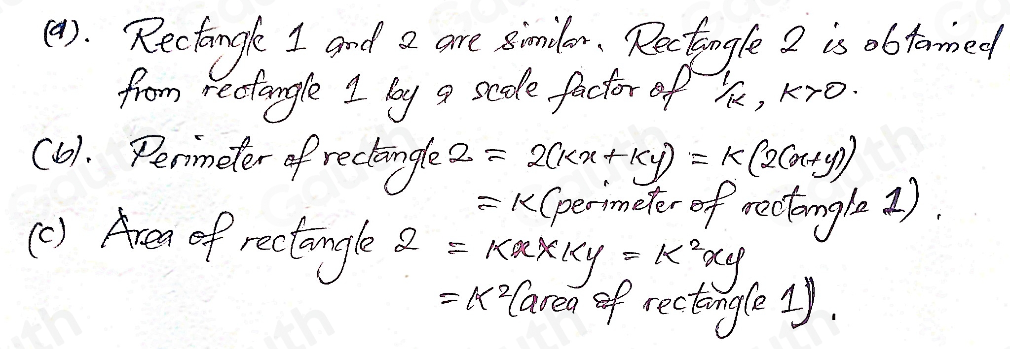 Solved: Rectangle 1 has length x and width y. Rectangle 2 is made by multiplying each dimension ...