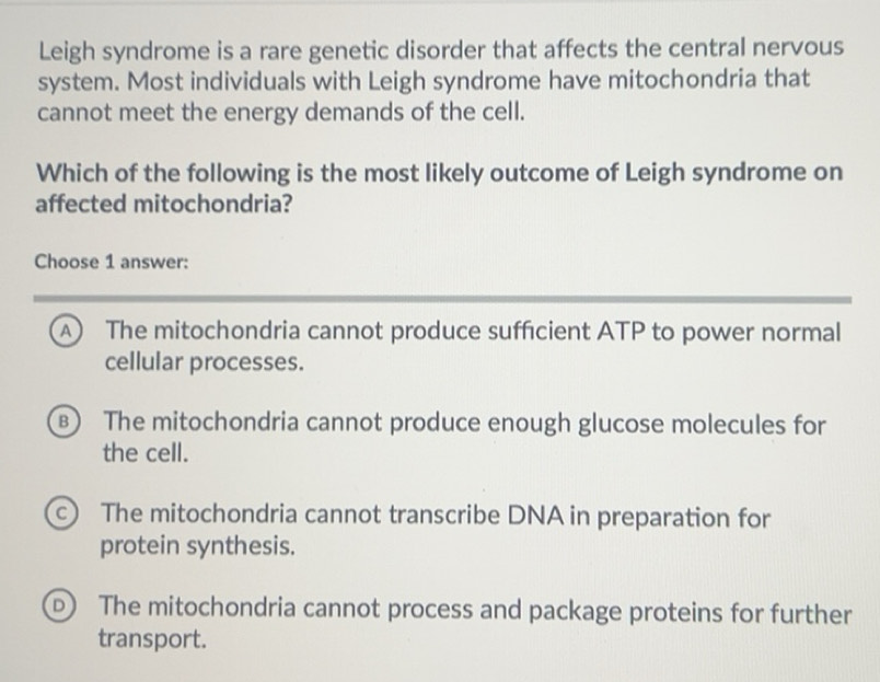 Solved: Leigh syndrome is a rare genetic disorder that affects the ...