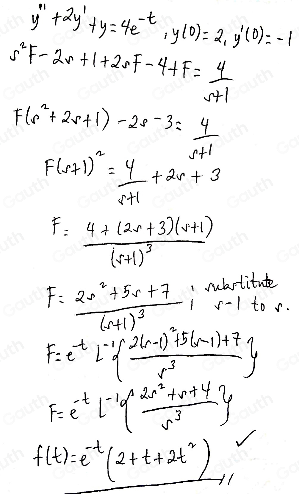 Solved: Solve by method of Laplace y''+2y'+y=4e^(-t), y(0)=2, y'(0)=-1 [Calculus]