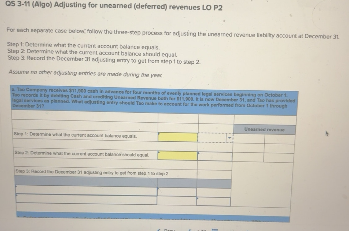 Solved: QS 3-11 (Algo) Adjusting for unearned (deferred) revenues LO P2 ...