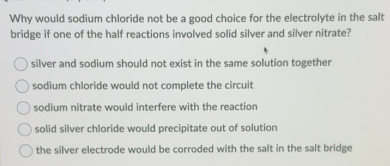 Solved: Why would sodium chloride not be a good choice for the ...