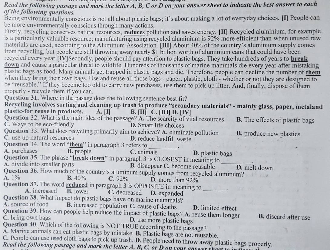 Giải quyết:Read the following passage and mark the letter A, B, C or D ...