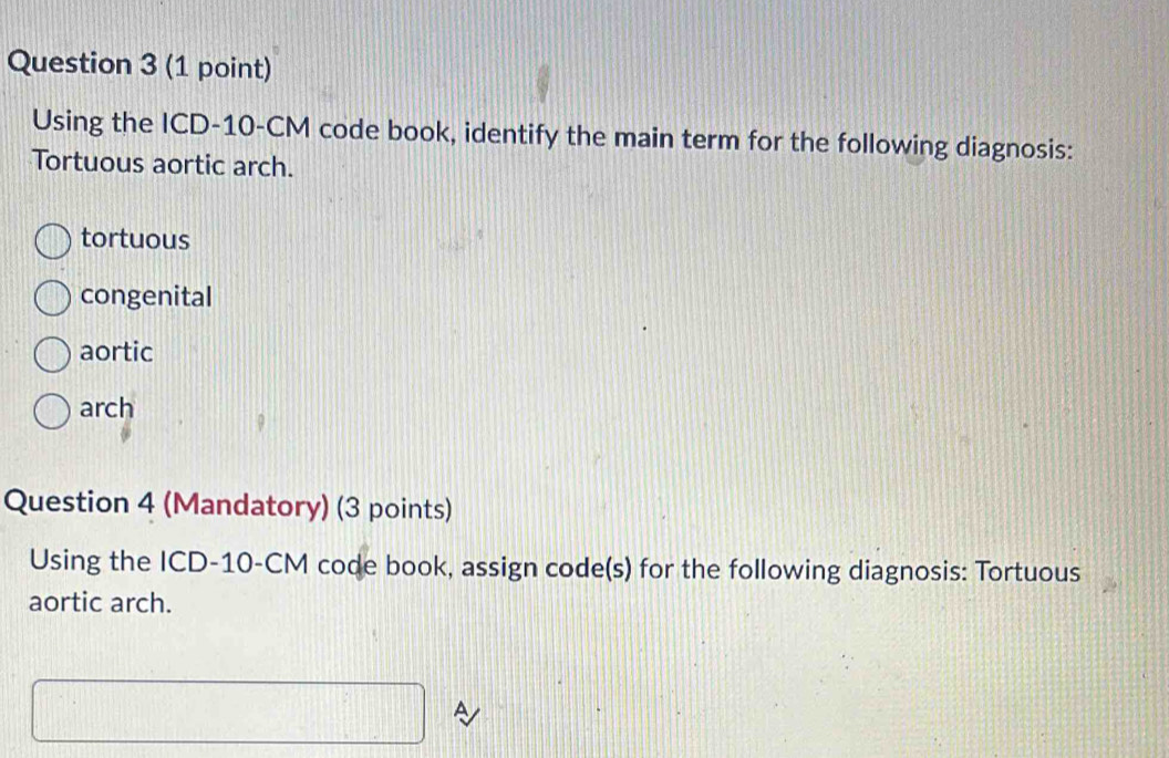 Solved: Using the ICD- 10-CM code book, identify the main term for the following diagnosis ...