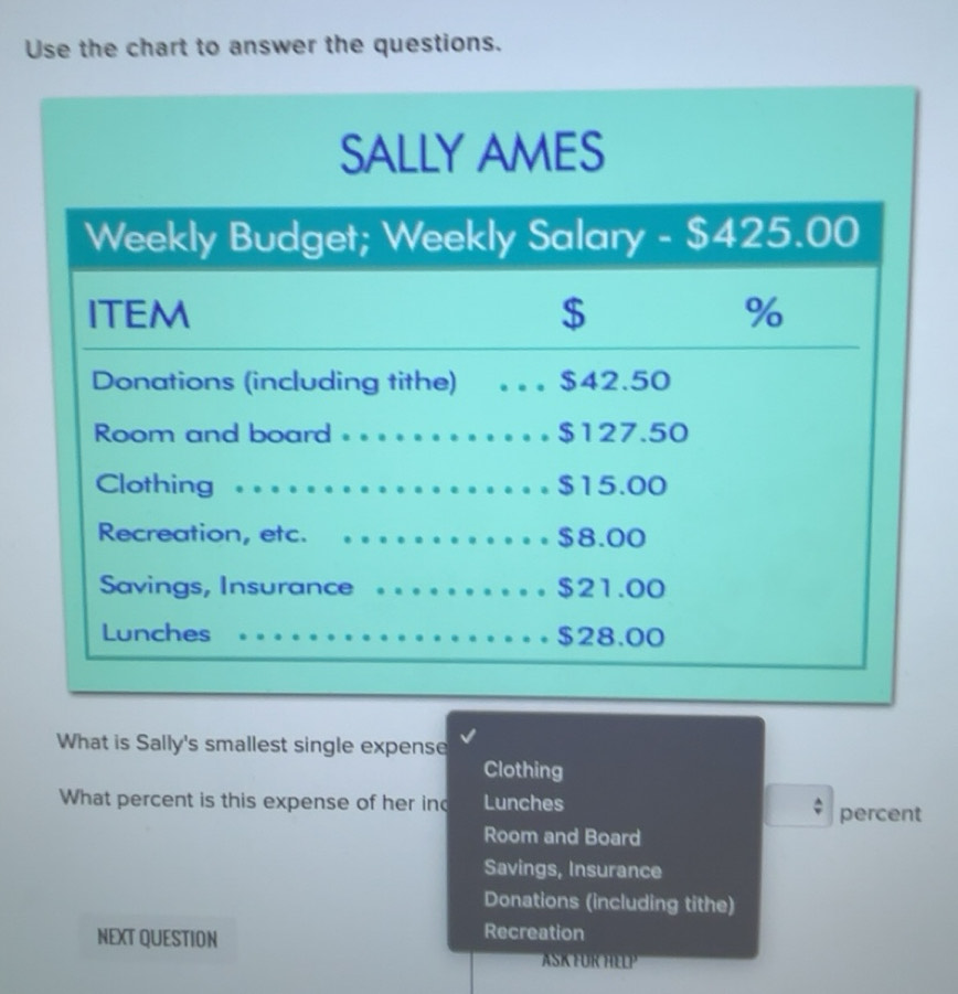 Solved: Use the chart to answer the questions. What is Sally's smallest ...