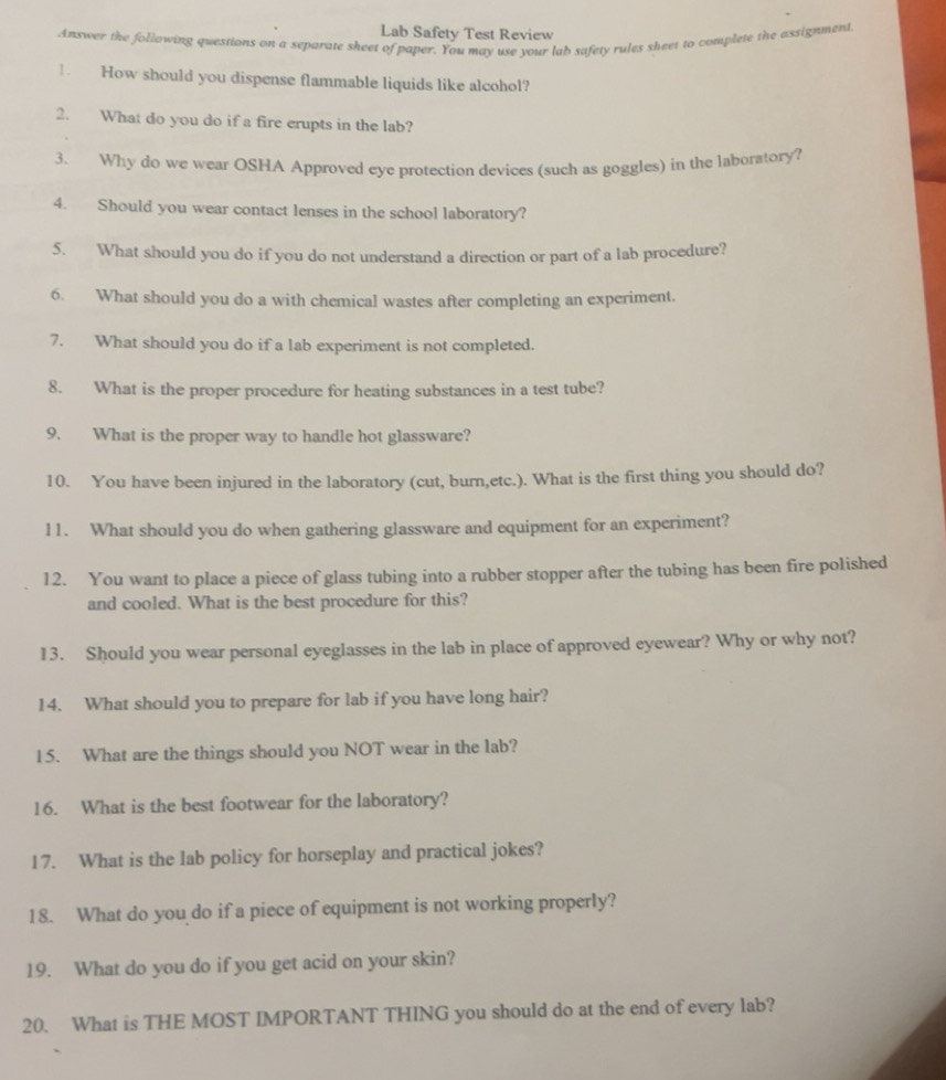 Solved: Lab Safety Test Review Answer the following questions on a ...