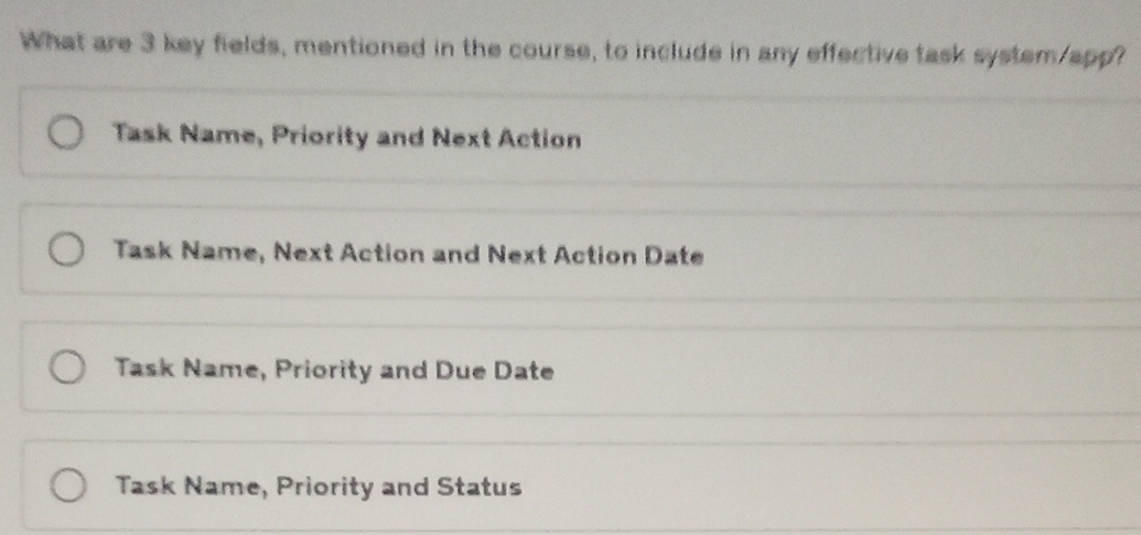 Solved: What are 3 key fields, mentioned in the course, to include in ...