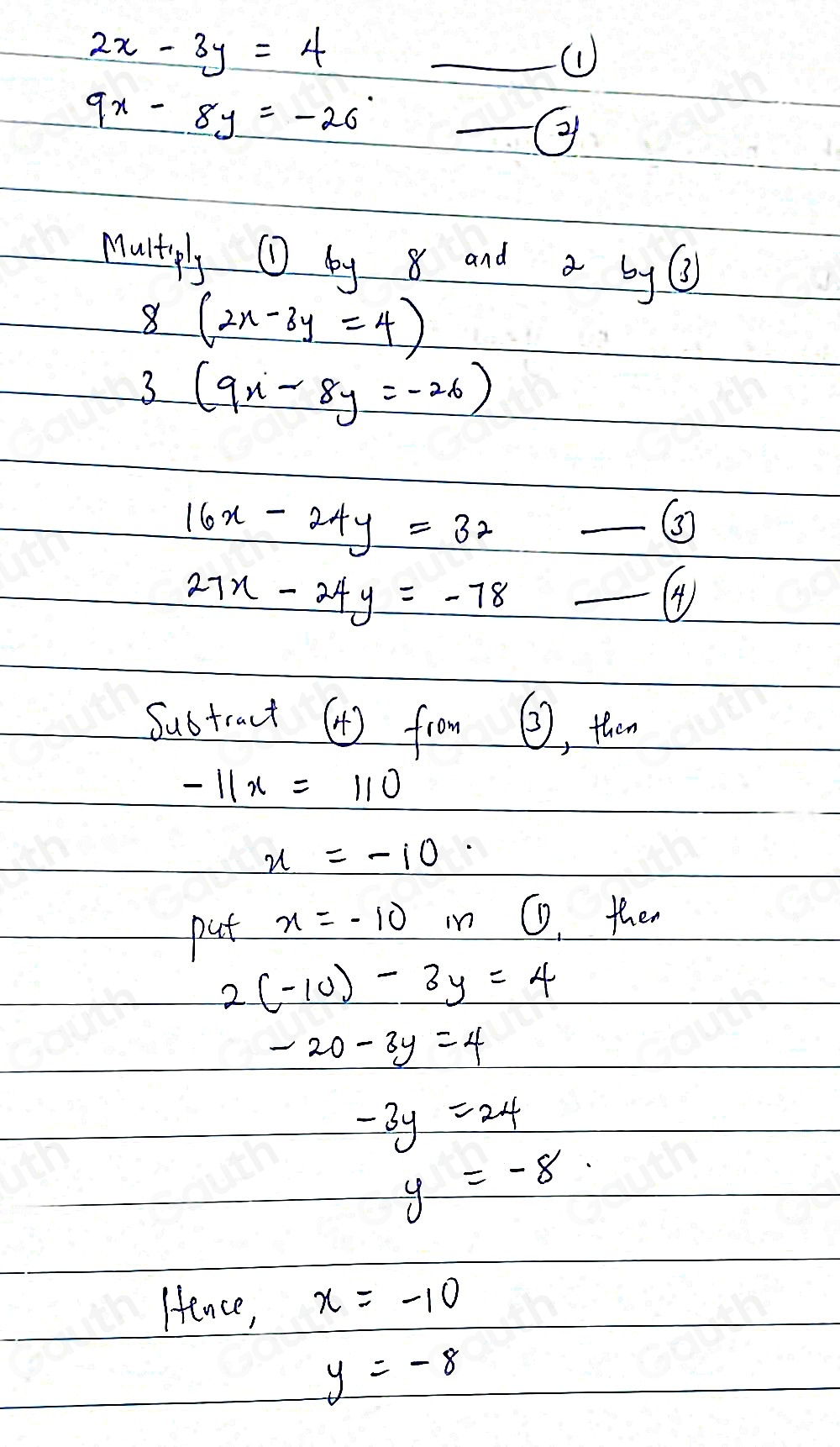 Solved: Solve the system of equations 2x-3y=4 and 9x-8y=-26 by combining the equations. (2x-3y=4 ...