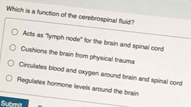 Solved: Which is a function of the cerebrospinal fluid? Acts as "lymph ...