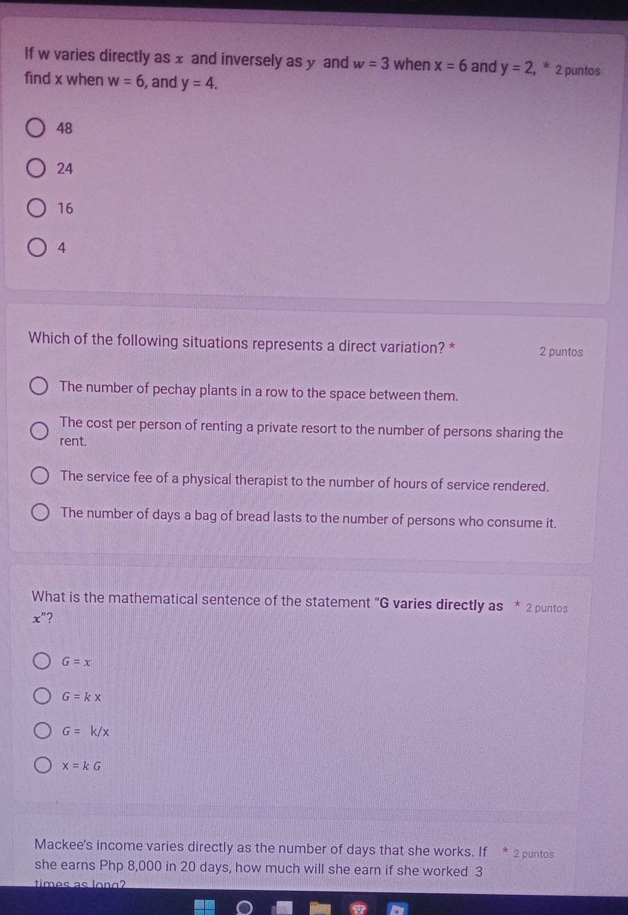 Solved: If w varies directly as x and inversely as y and w=3 when x=6 ...