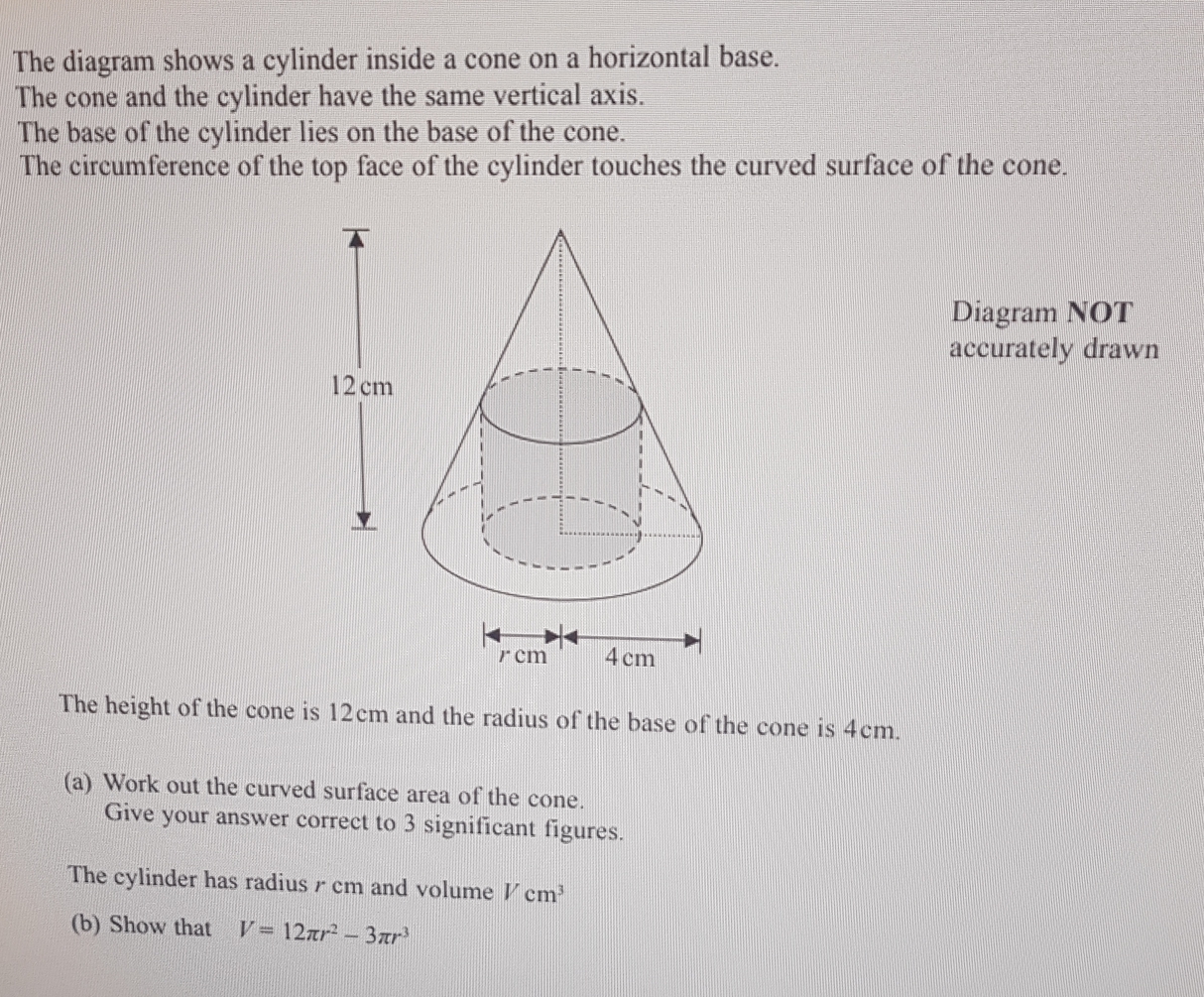 Solved: The diagram shows a cylinder inside a cone on a horizontal base ...