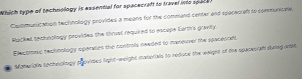 Solved: Which type of technology is essential for spacecraft to travel ...