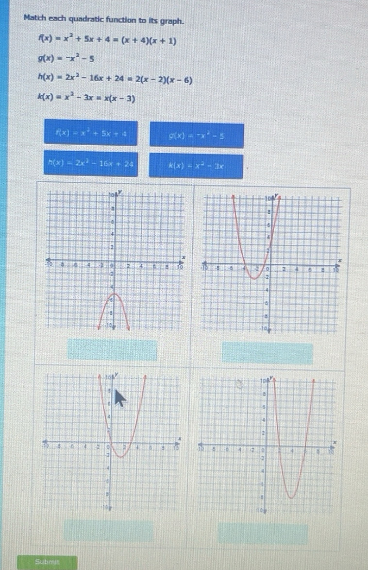 Solved: Match each quadratic function to its graph. f(x)=x^2+5x+4=(x+4 ...