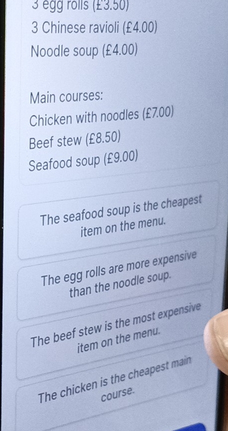 Resuelto:egg rolls (£3.50) 3 Chinese ravioli (£4.00) Noodle soup (£4.00 ...
