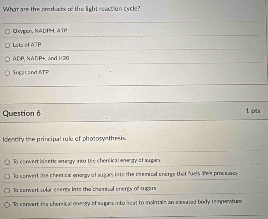 Solved: What are the products of the light reaction cycle? Oxygen ...