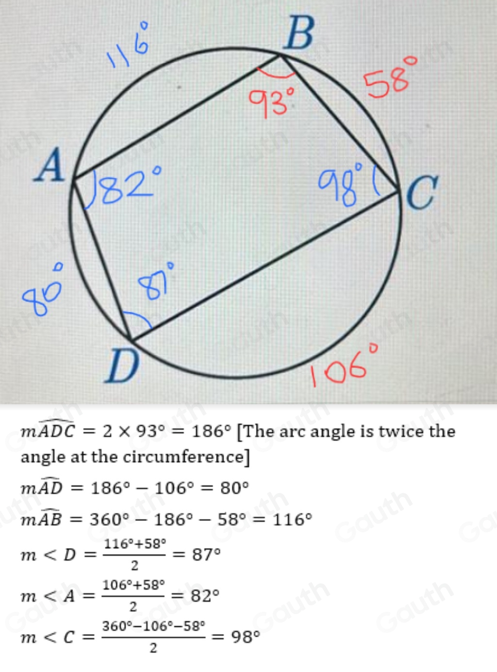 Solved: The m∠ B is 93°, mwidehat BC is 58° , and moverline CD is 106 ...
