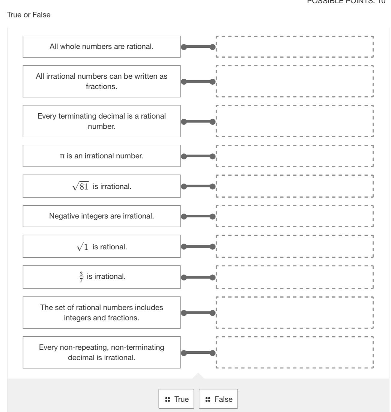 Solved: True or False All whole numbers are rational. All irrational ...