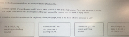 Solved: lead the body paragraph from an essay on sound effects in film ...