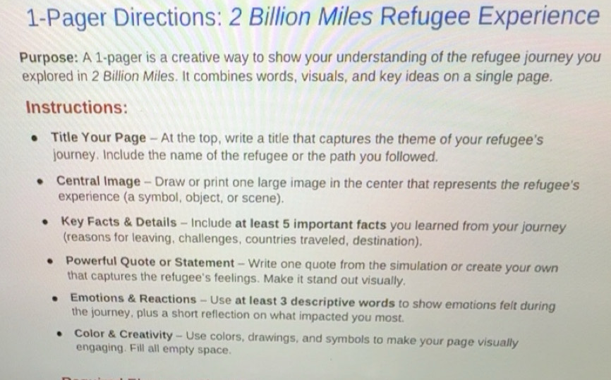 Solved: 1-Pager Directions: 2 Billion Miles Refugee Experience Purpose ...