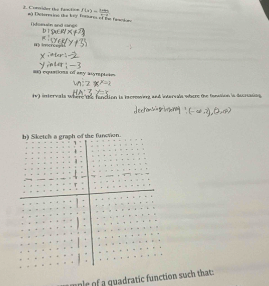 Solved: Consider the function f(x)= (3x+6)/x-2 . a) Determine the key features of the function ...