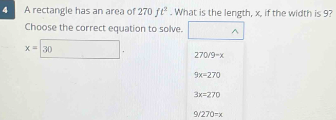 Solved: A rectangle has an area of 270ft^2. What is the length, x, if ...