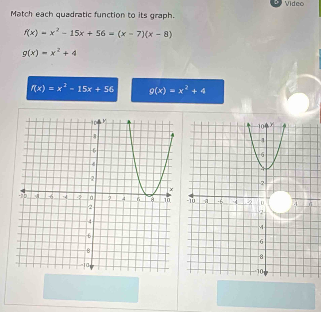 Solved: Video Match each quadratic function to its graph. f(x)=x^2-15x ...