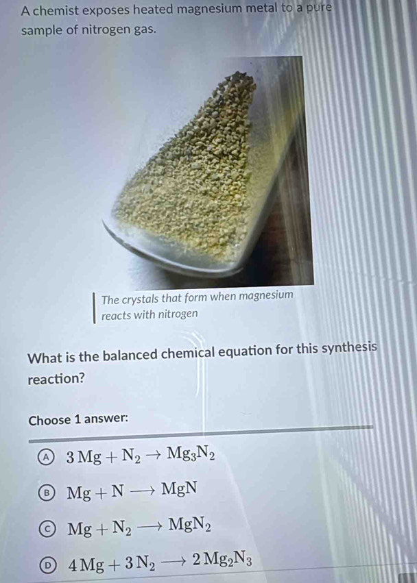 Solved: A chemist exposes heated magnesium metal to a pure sample of ...