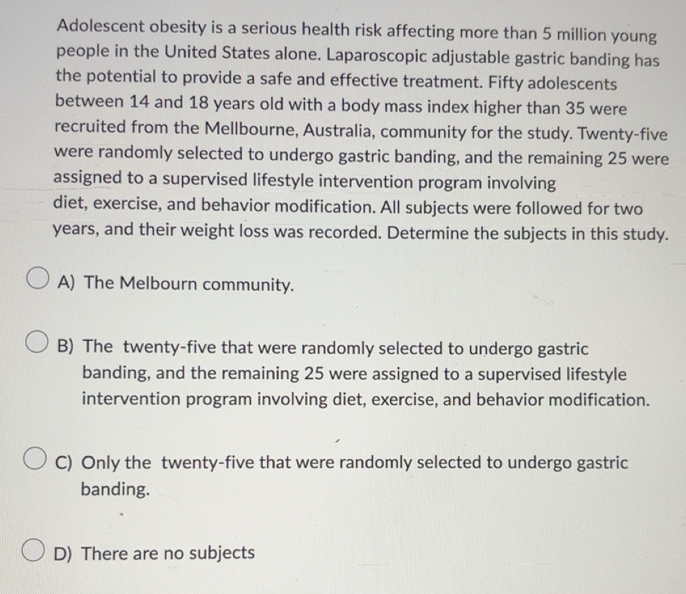 Solved: Adolescent obesity is a serious health risk affecting more than ...