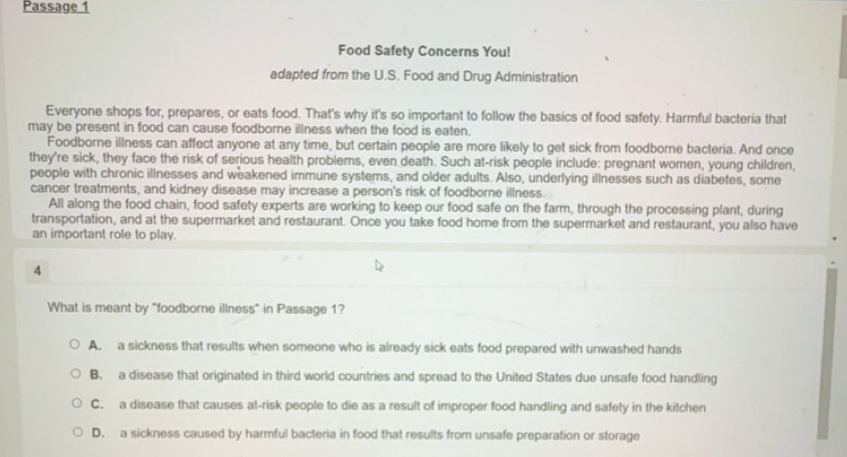 Risolto:Passage 1 Food Safety Concerns You! adapted from the U.S. Food ...
