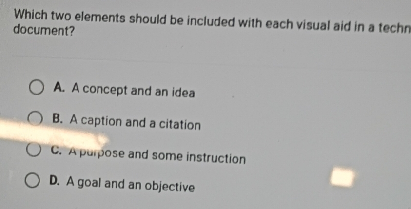 Solved: Which two elements should be included with each visual aid in a ...