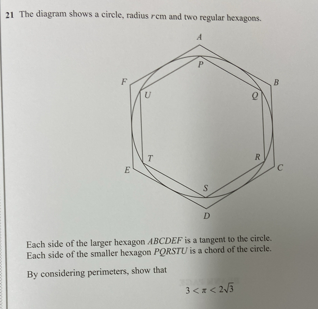 Solved: The diagram shows a circle, radius £cm and two regular hexagons. Each side of the larger ...