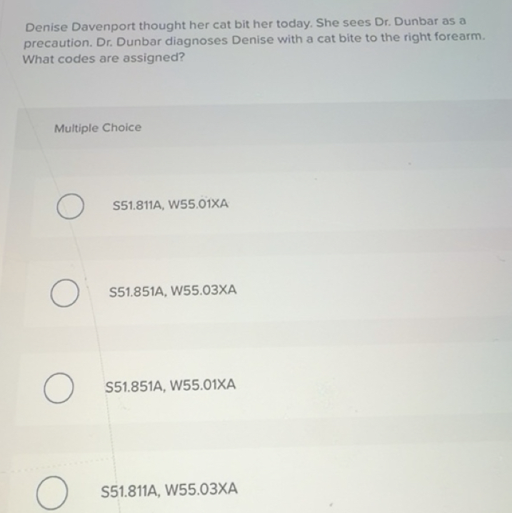 Solved: Denise Davenport thought her cat bit her today. She sees Dr ...