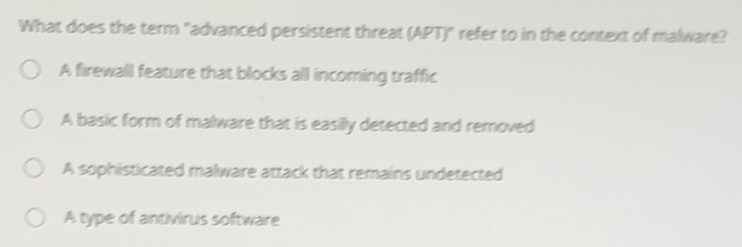 Solved: What does the term "advanced persistent threat (APT)" refer to ...